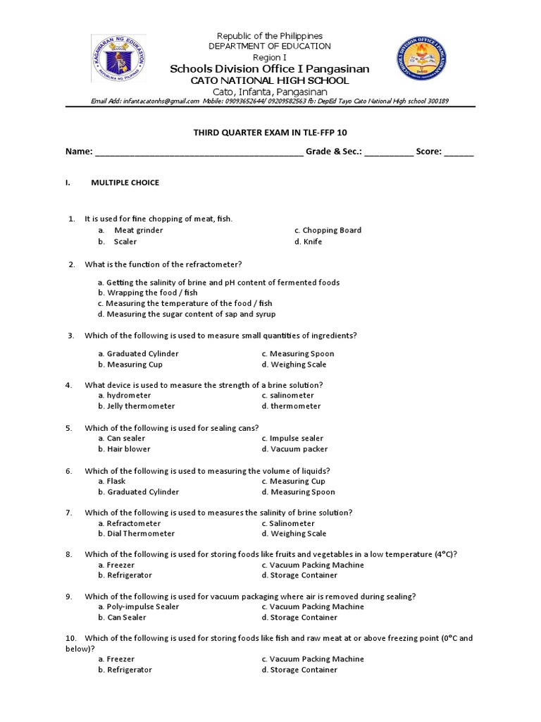 2nd Quarter Exam TLE 10 | PDF | Food Preservation | Disinfectant