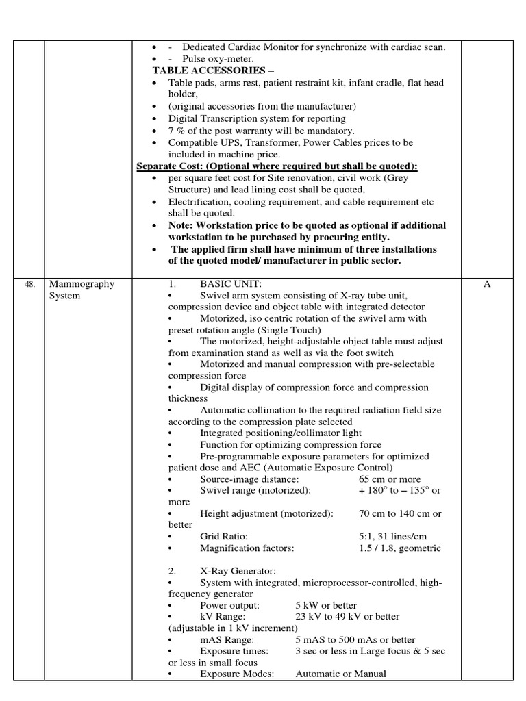 Mammography Machine Specifications | PDF