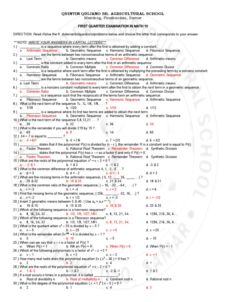 With KEY - 1st Quarter Exam in Math 10 - 2 | PDF | Factorization ...