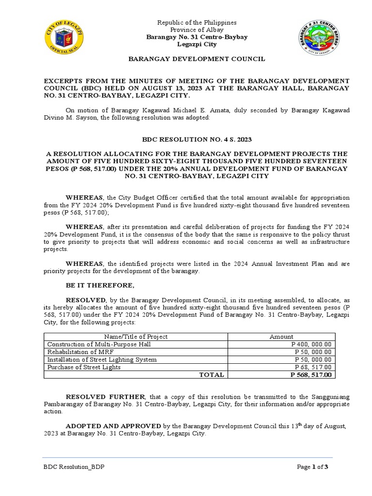 Barangay 20% Development Fund Allocation | PDF