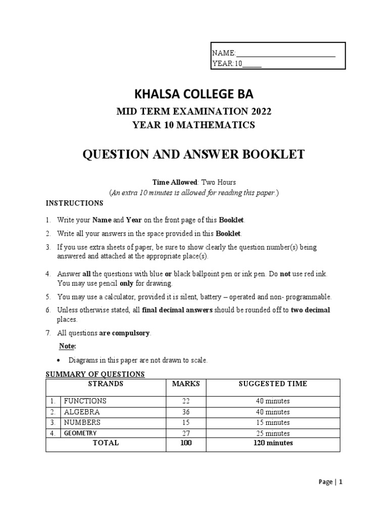 Y10 MATHS MID YEAR New 2022 | PDF