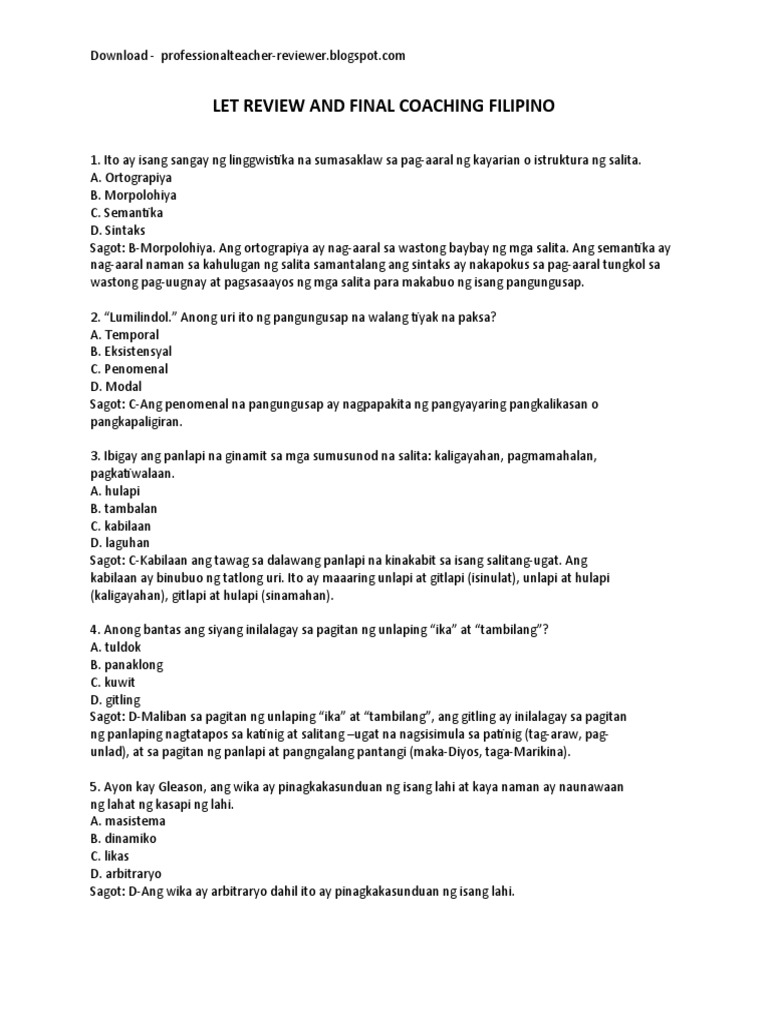 Let Review and Final Coaching Filipino | PDF