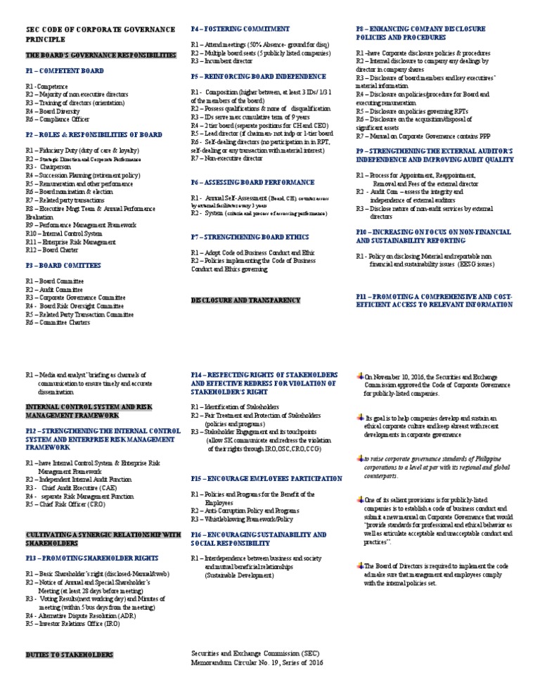 Sec Code of Corporate Governance Principle | PDF | Corporate Governance ...