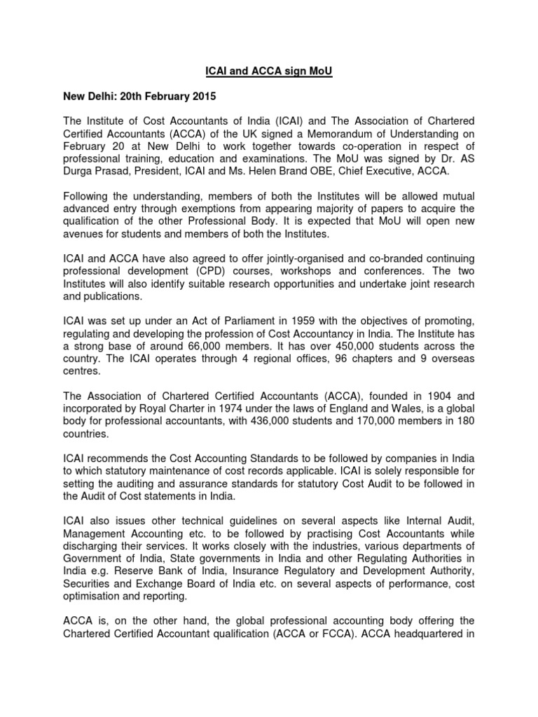 ICAI ACCA Sign MoU | PDF | Accountant | Business