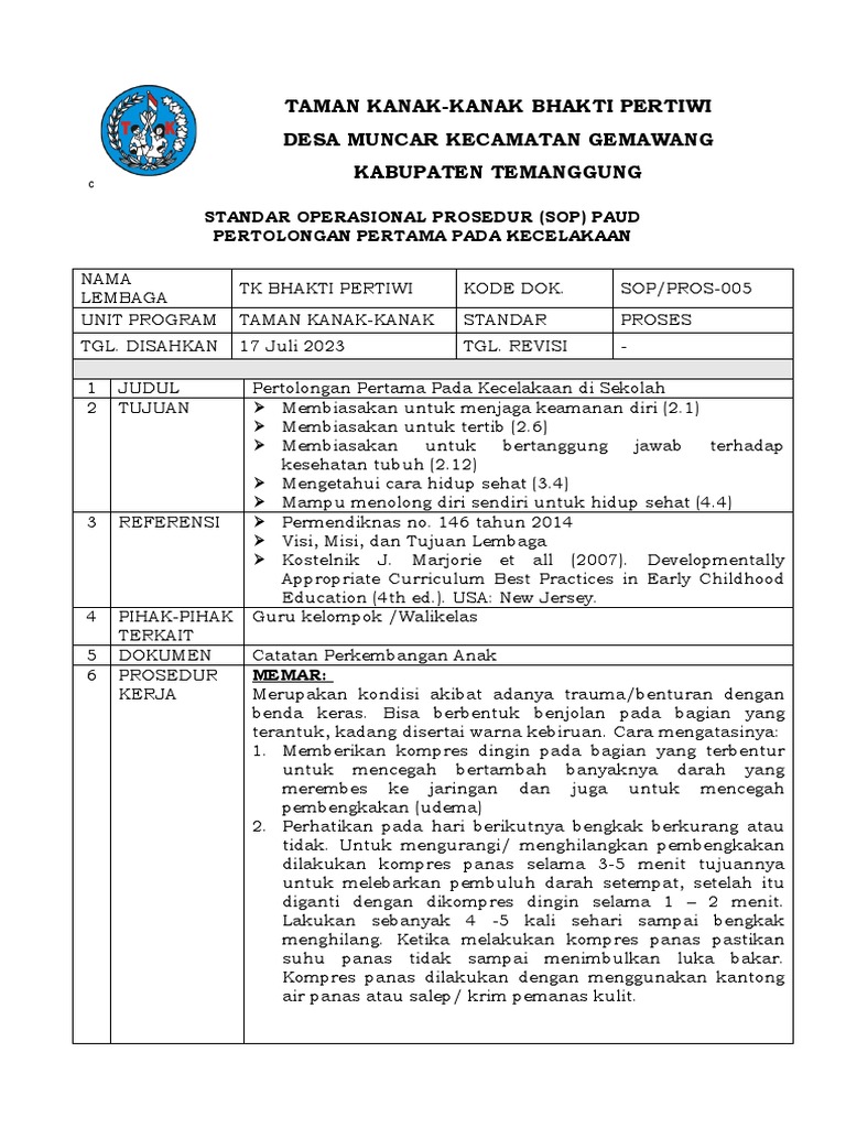 5 Sop Paud Pertolongan Pertama Pada Kecelakaan | PDF 5 Sop Paud Pertolongan Pertama Pada Kecelakaan | PDF