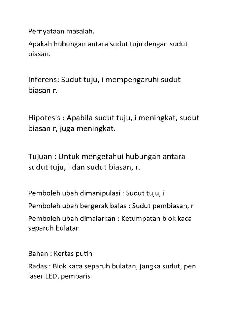 Hubungan Antara Sudut Tuju Dengan Sudut Biasan. | PDF | Seni | Sains ...