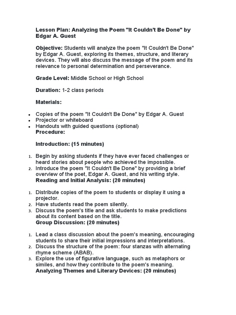 It Couldn't Be Done-Lesson Plan | PDF | Poetry | Human Communication