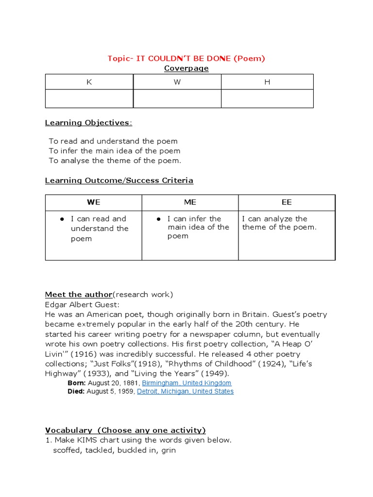 Analyzing "It Couldn't Be Done" Poem | PDF | Poetry | Cognitive Science