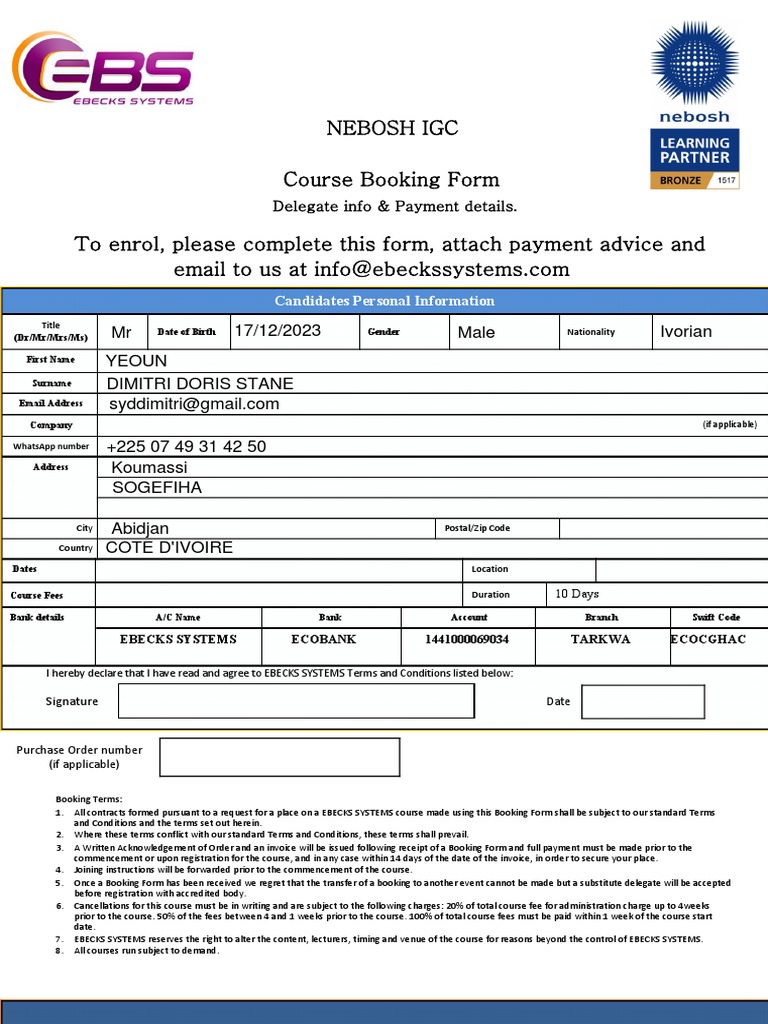 NEBOSH IGC Registration Form | PDF | Invoice | Service Industries