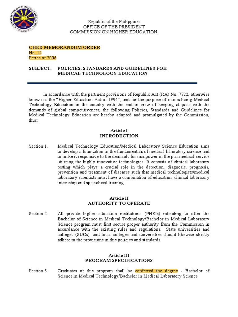 CHED MEMORANDUM ORDER No. 14 Series of 2006 | PDF | Medicine | Medical Laboratory