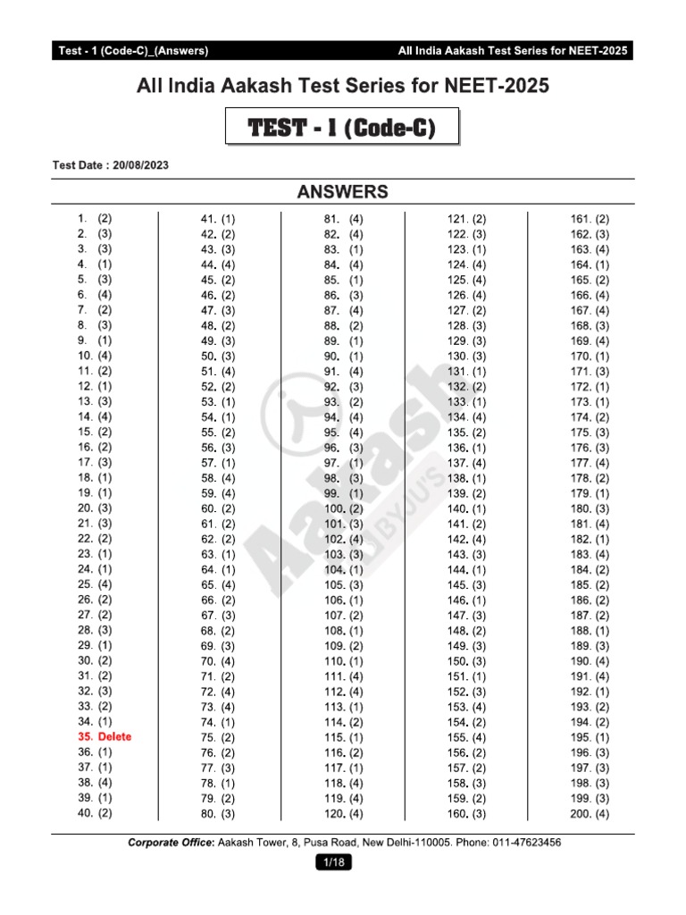 AIATS Medical TYM-2025 Test-01 Code-C (20!08!2023) Solution | PDF