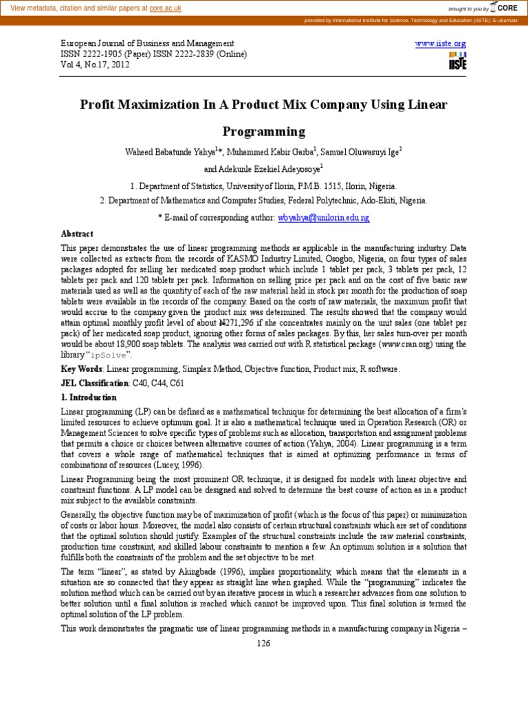 Profit Maximization in A Product Mix Company Using Linear Programming ...