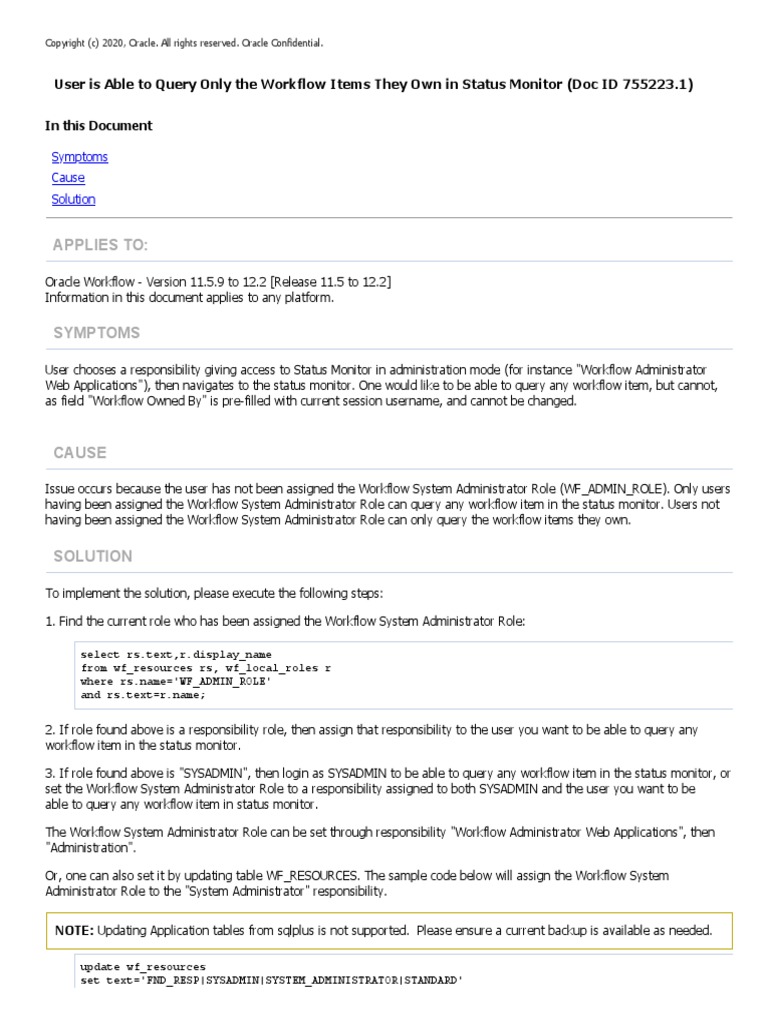 Assign Workflow Admin To All Users With Sysadmin Resp (755223.1) | PDF ...