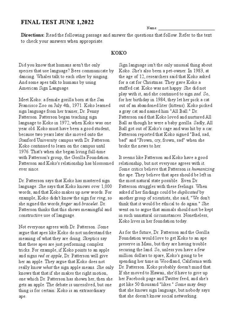 nonfiction-reading comprehension-test-koko gr 7-8 | PDF