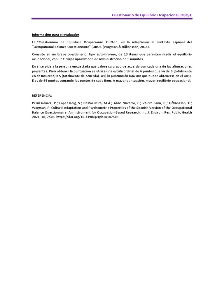 Cuestionario de Equilibrio Ocupacional, OBQ E | PDF