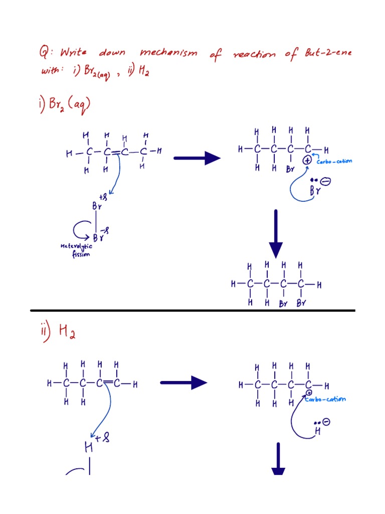 Mechanism of but-2-ene reaction with Br2(aq) and H2 | PDF