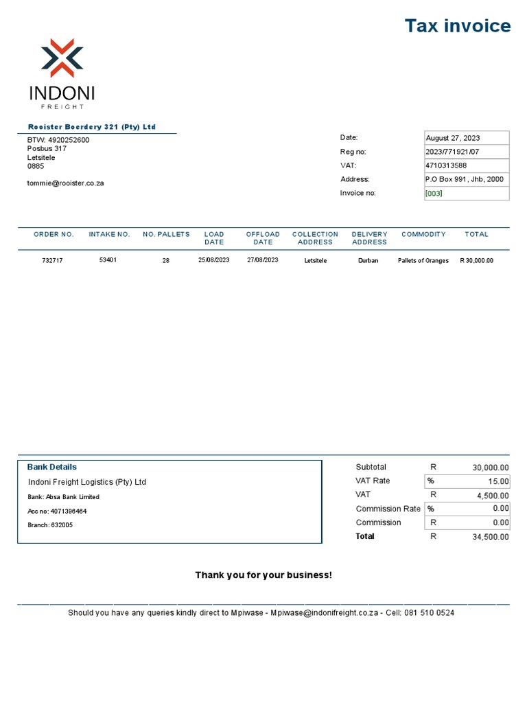 Invoice_003_Rooister Boerdery 321 (Pty) Ltd | PDF