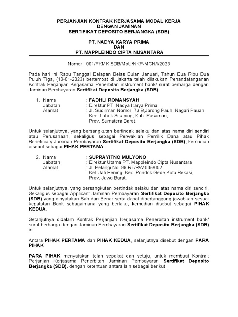 Draft MoU SDB Pencairan DISCONTO NKP-MCN 18-01-2023 | PDF