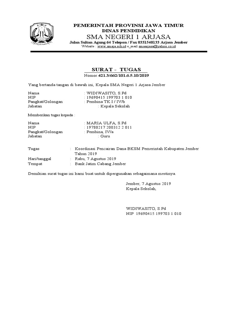Contoh Surat Tugas, Pengnatar | PDF