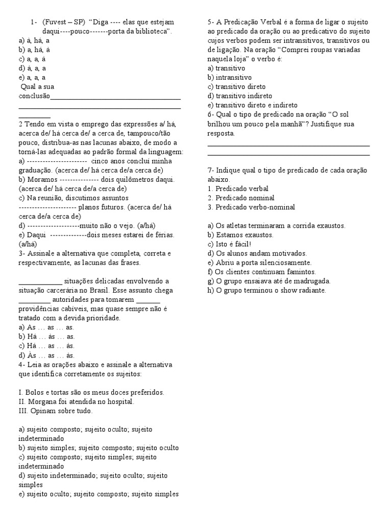 Fuvest | PDF | Predicado (gramática) | Assunto (gramática)