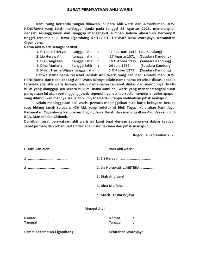 Surat Ahli Waris | PDF