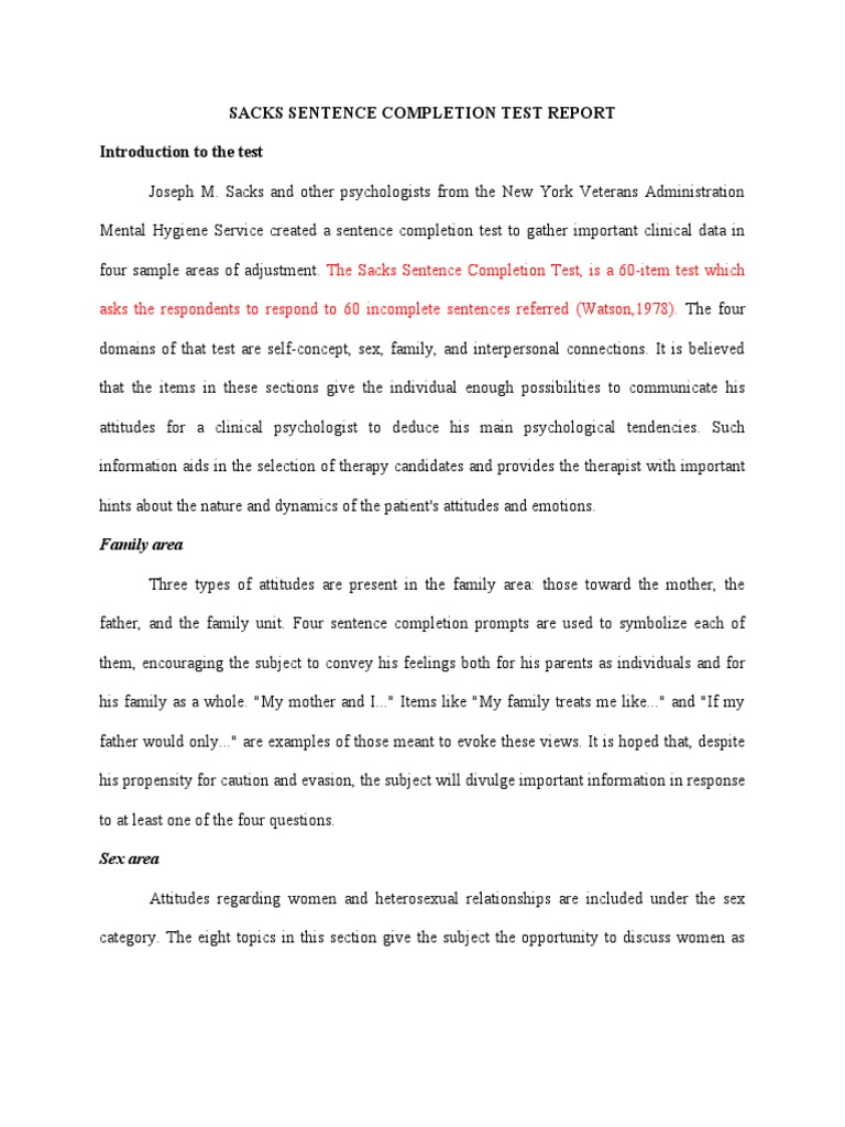 Sacks Sentence Completion Test | PDF | Attitude (Psychology) | Id