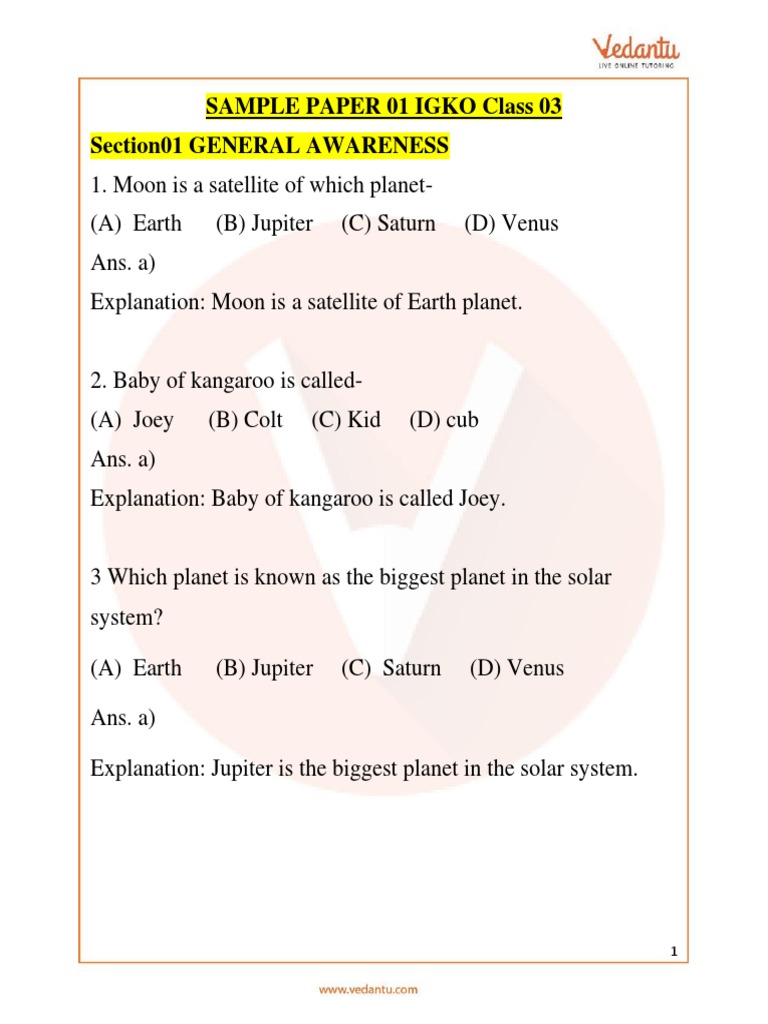 IGKO Olympiad Sample Question Paper 1 PDF With Answers For Class 3 ...