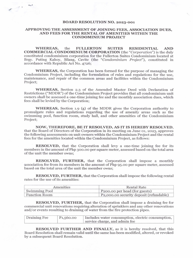 Notarized Board Resolution 2023-001 | PDF