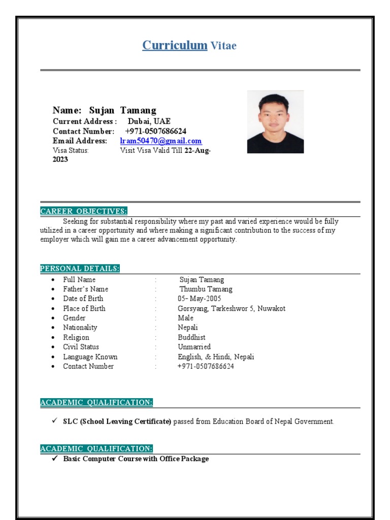 Sujan Tamang Kitchen Helper CV 2 | PDF | Career & Growth