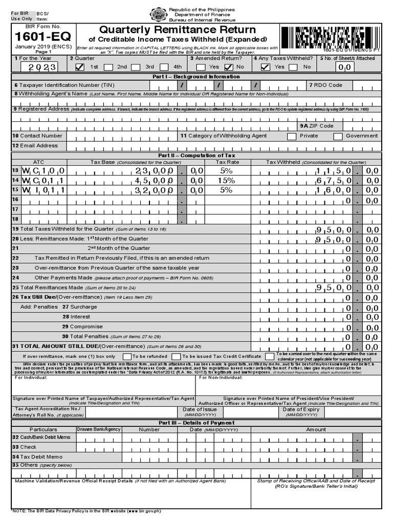 BIR Form No.1601-EQ Sample | PDF | Value Added Tax | Taxes