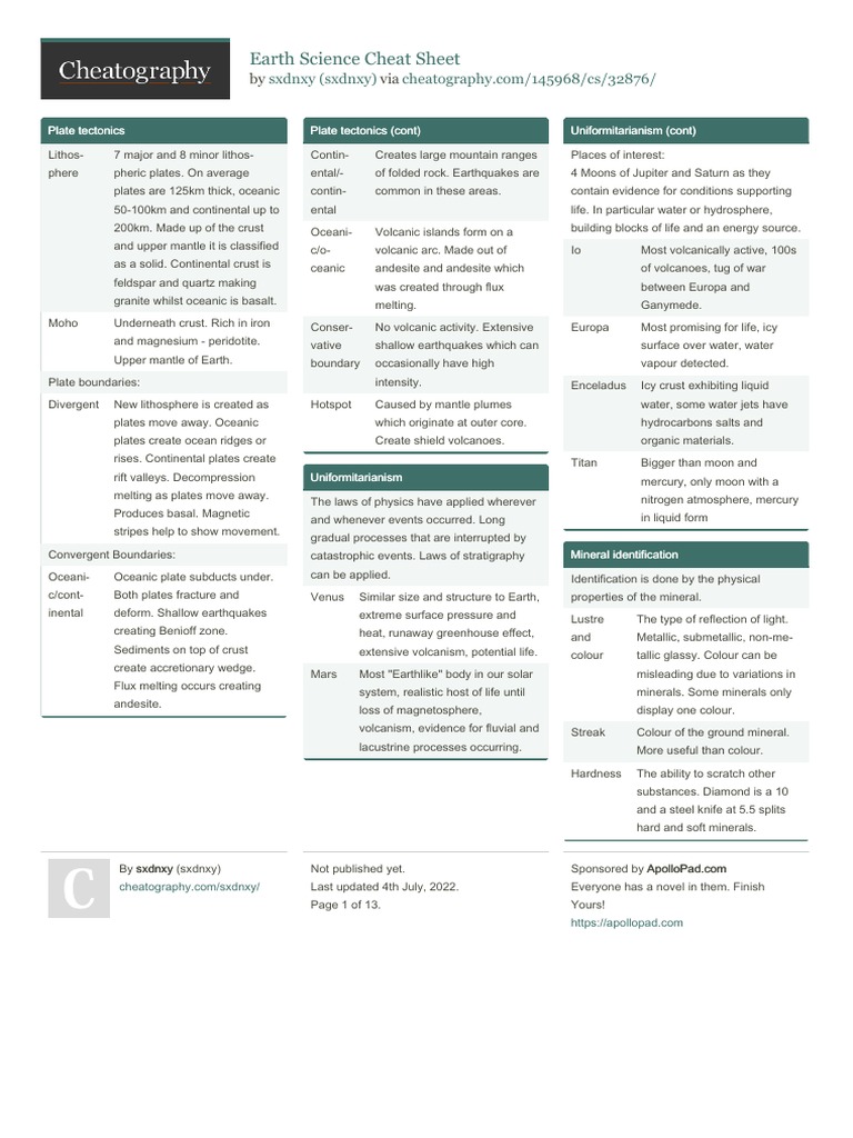 Earth Science Cheat Sheet Guide | PDF | Volcano | Types Of Volcanic ...