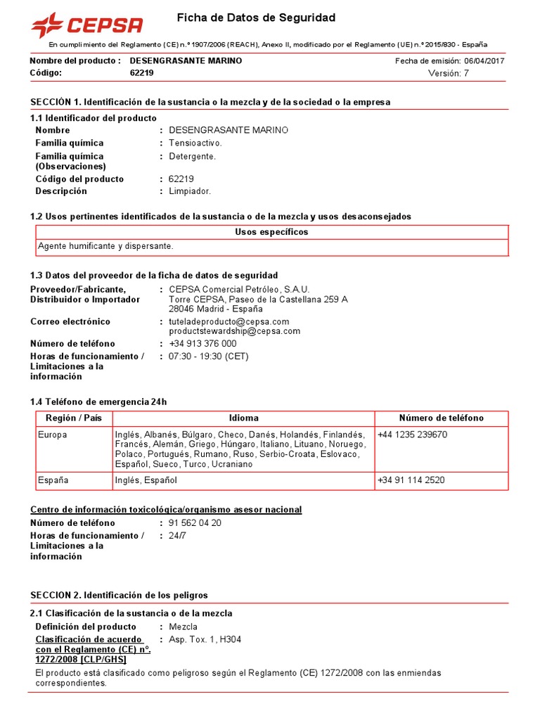 Ficha de Seguridad: Desengrasante Marino CEPSA | PDF | Química | Ciencias fisicas