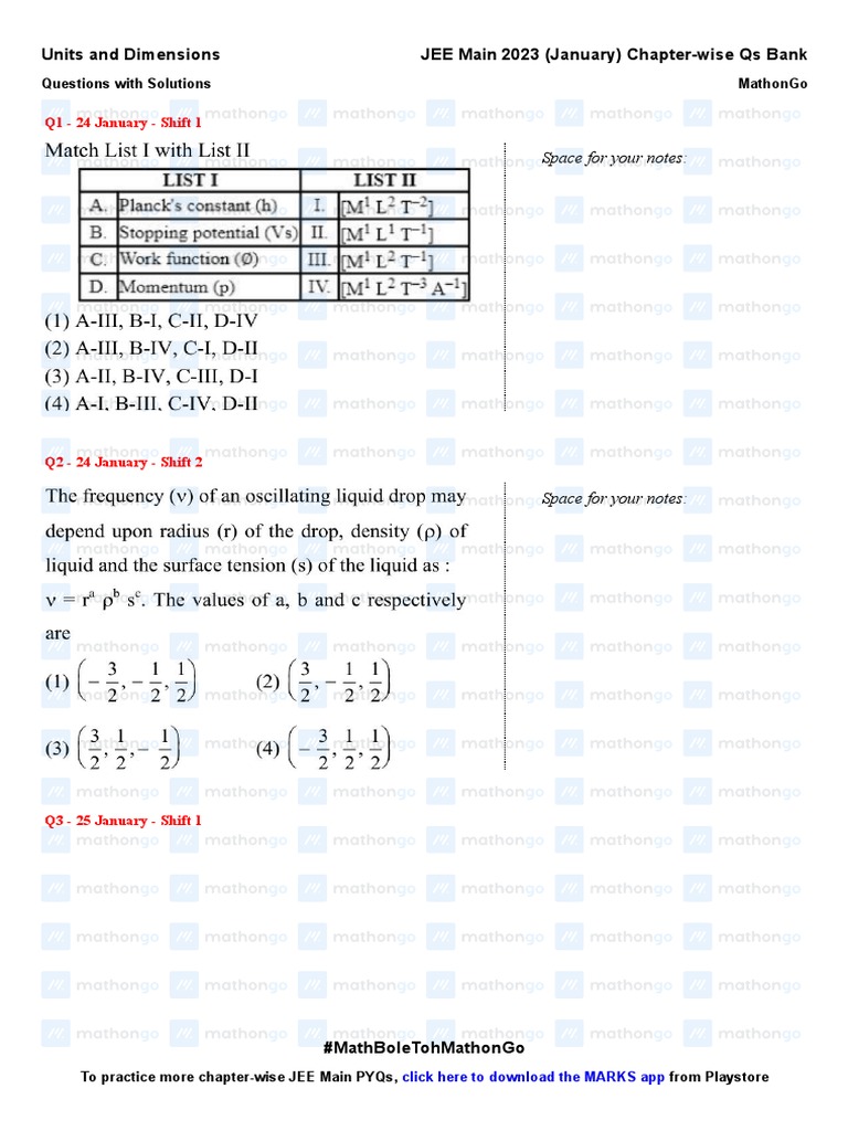 Units and Dimensions - JEE Main 2023 January Chapter Wise Questions by MathonGo | PDF