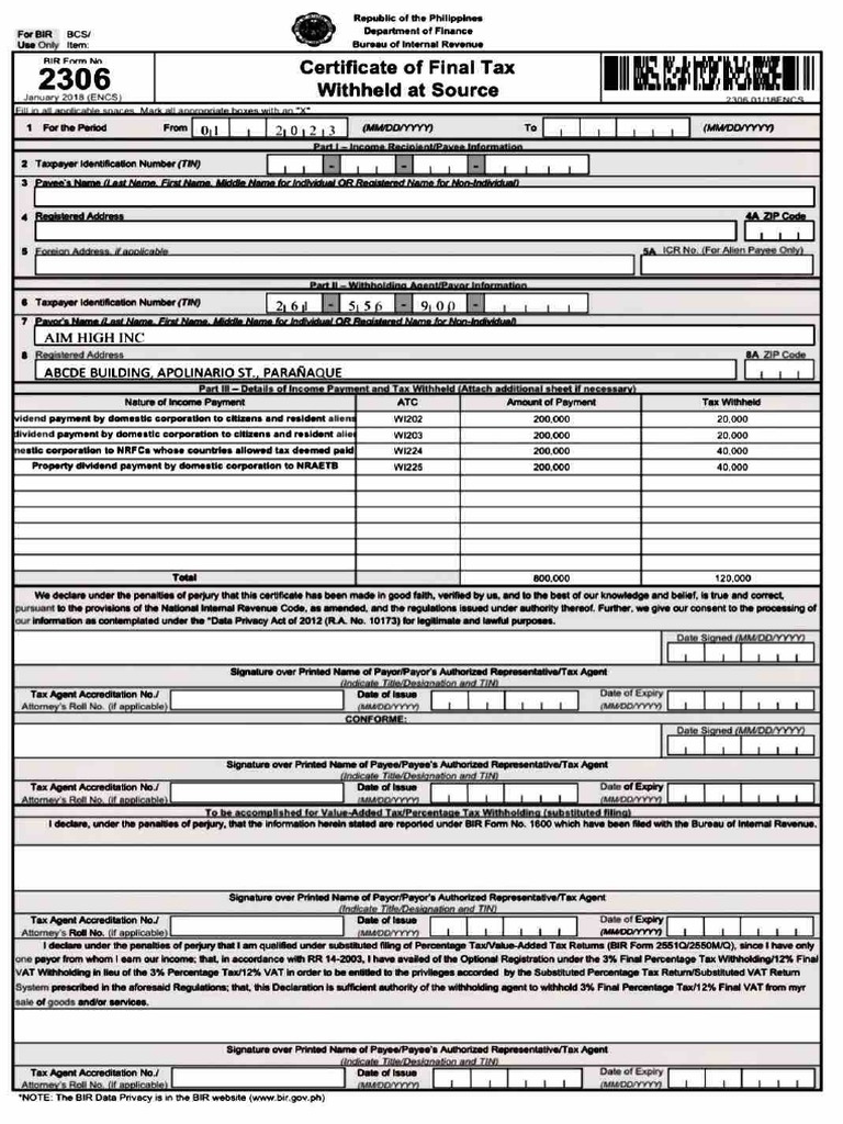 BIR-Form-No.2306 Sample | PDF