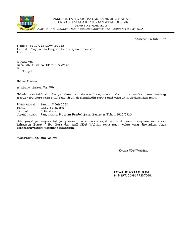 Surat Undangan Rapat Penyusunan Program Pembelajaran Semester 2022 | PDF