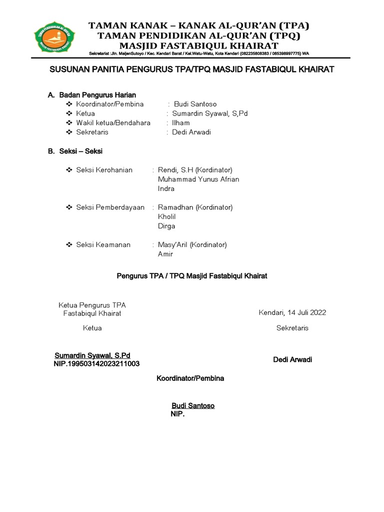 SK Pengurus Tpa Masjid Fasta Biqul Khairat | PDF