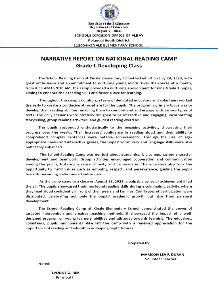 Grade 1 Reading Camp Narrative Report | PDF | Teachers | Learning