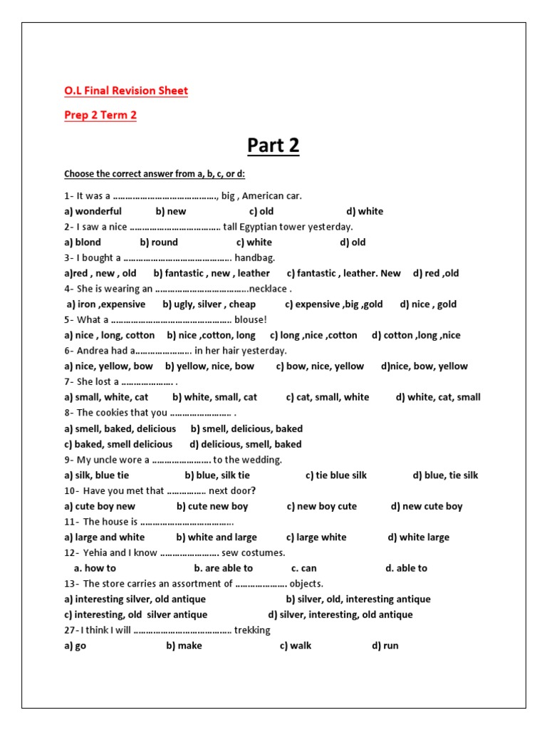 O.L Revision Term 2 Prep 2 Part 2 2023 | PDF