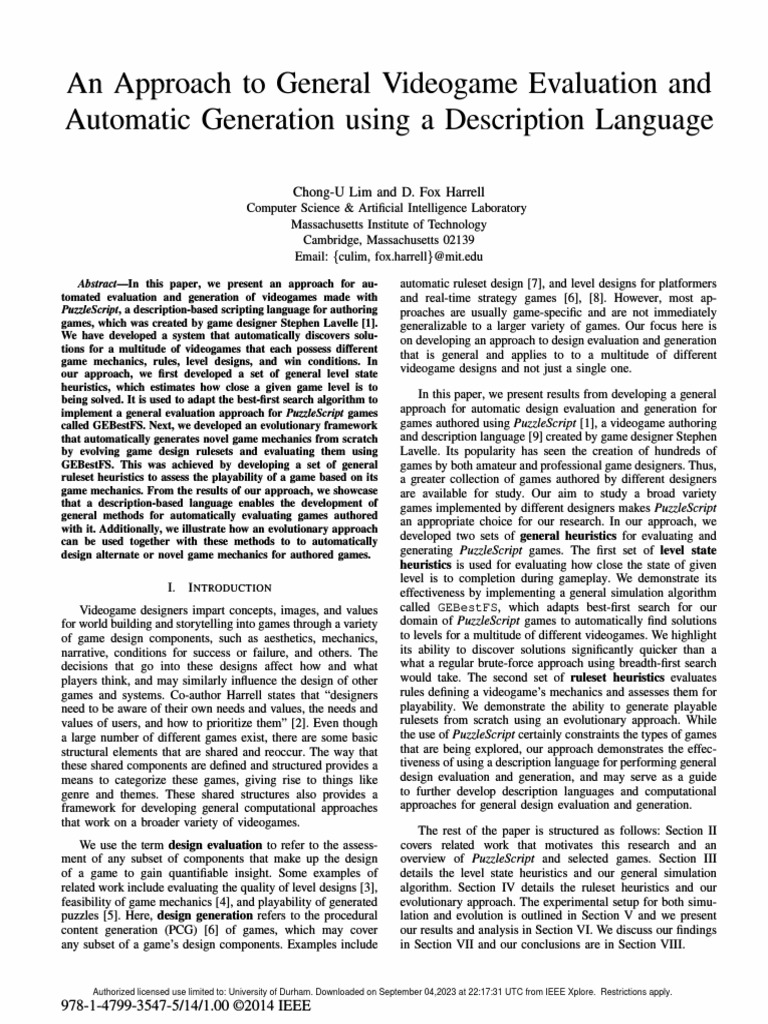 An Approach To General Videogame Evaluation and Automatic Generation ... An Approach To General Videogame Evaluation and Automatic Generation ...