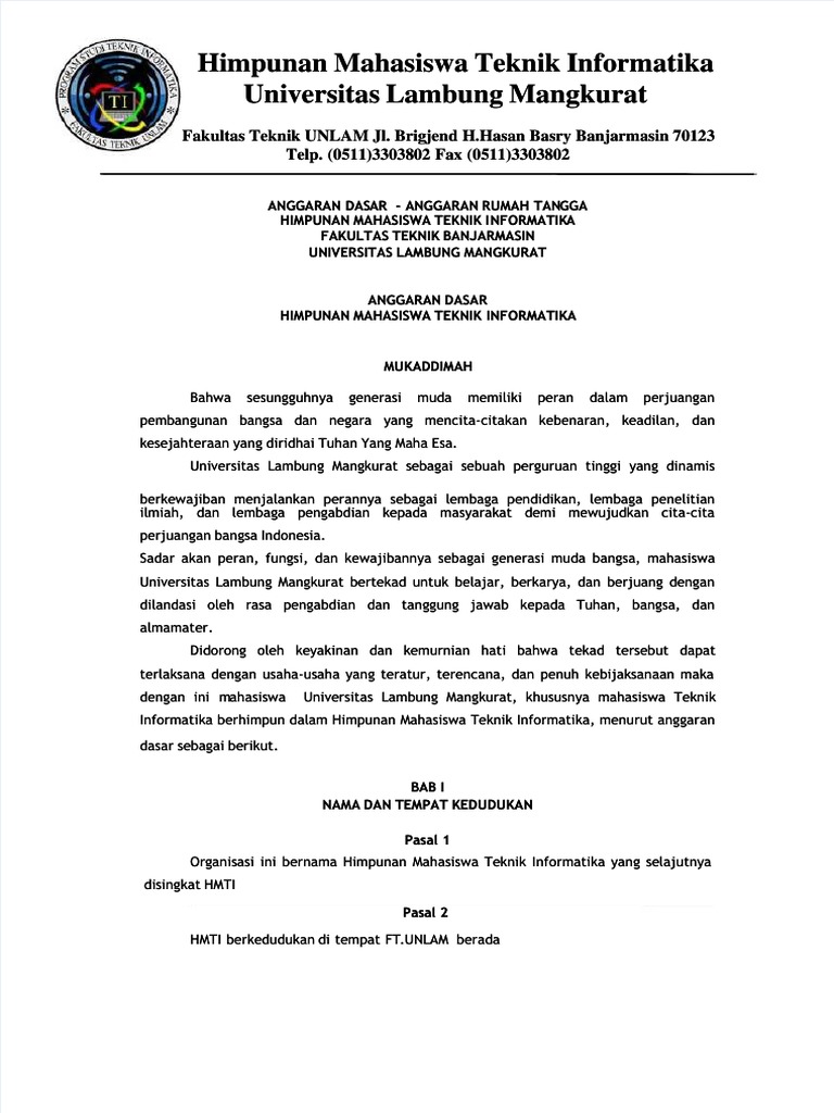 Anggaran Dasar HMTI UNLAM | PDF