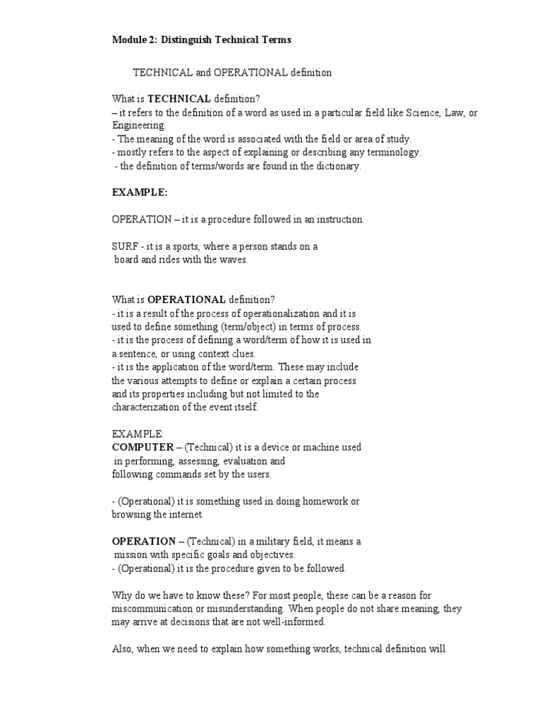 Technical vs Operational Definitions | PDF