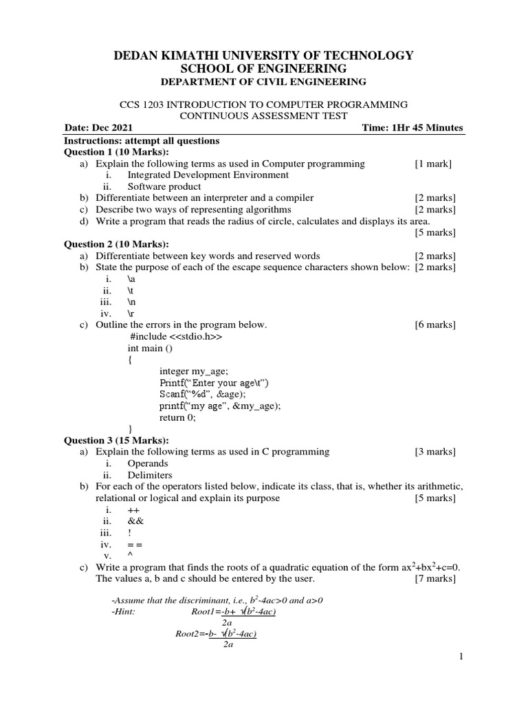 CCS 1203 Introduction To Computer Programming CAT | PDF | Computer ... CCS 1203 Introduction To Computer Programming CAT | PDF | Computer ...