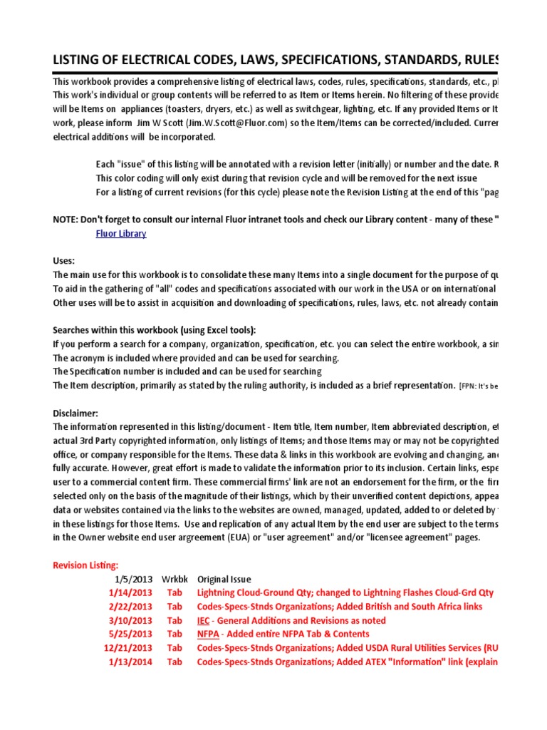 Listing of Electrical Codes, Laws, Specifications, Standards, Rules ...