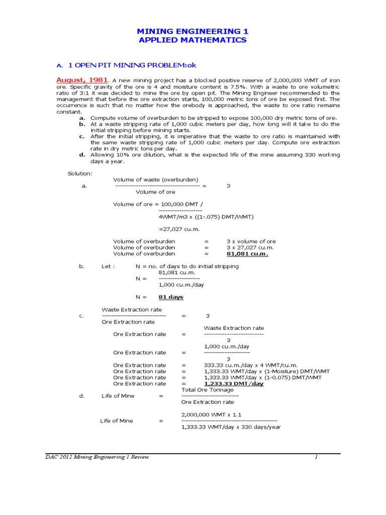 MINING ENGINEERING 1 Applied Mathematics Solutions | PDF | Mining ...