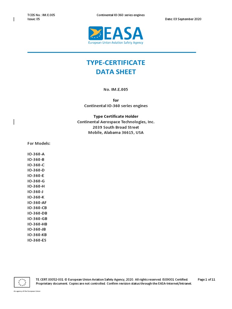 Continental IO-360 Engine TCDS IM.E.005 | PDF | Vehicles | Mechanical ...