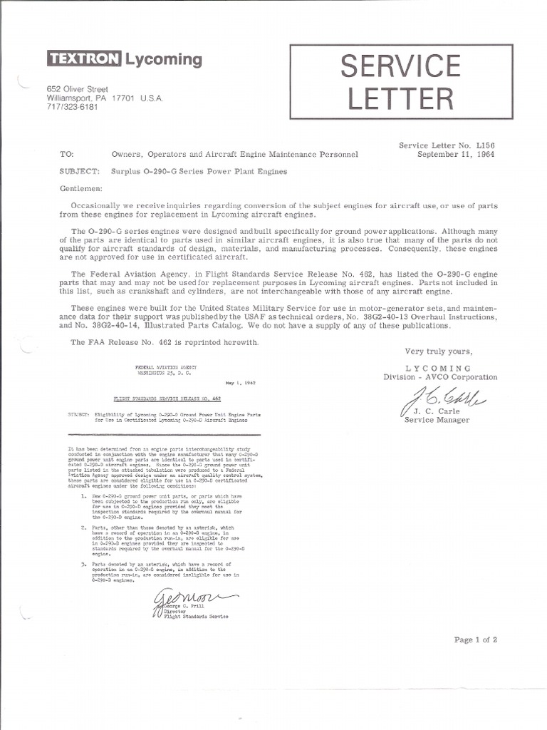 Lycoming Service Letter L156 | PDF