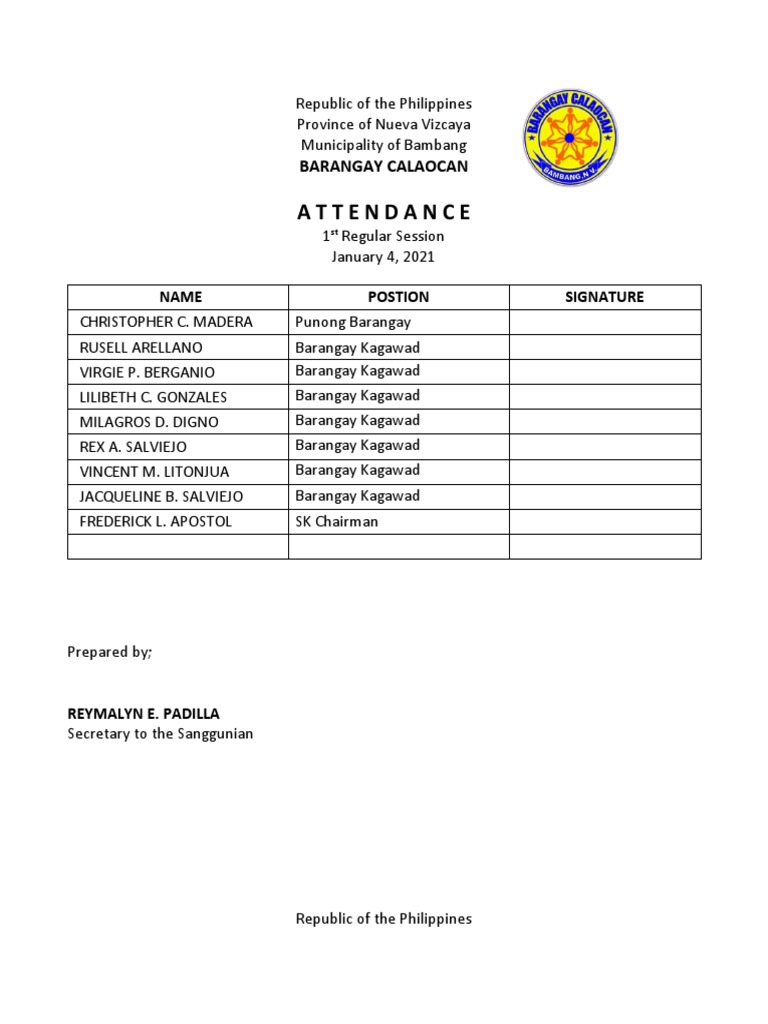 Barangay Calaocan Regular Sessions Attendance | PDF | Military Operations