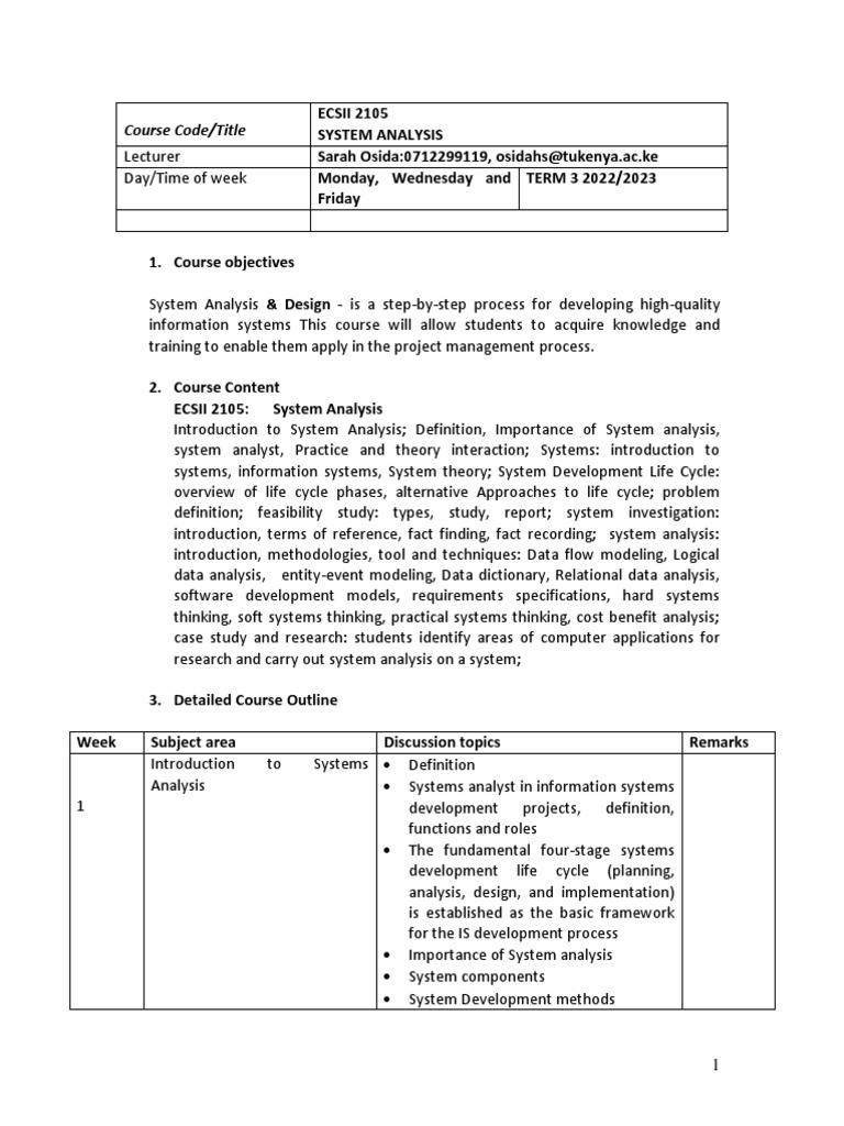 System Analysis Course Outline | PDF