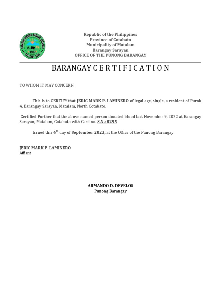 Blood Donation Certification | PDF