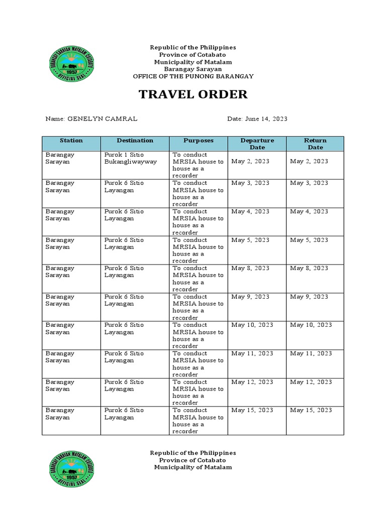 Barangay Sarayan Travel Orders | PDF
